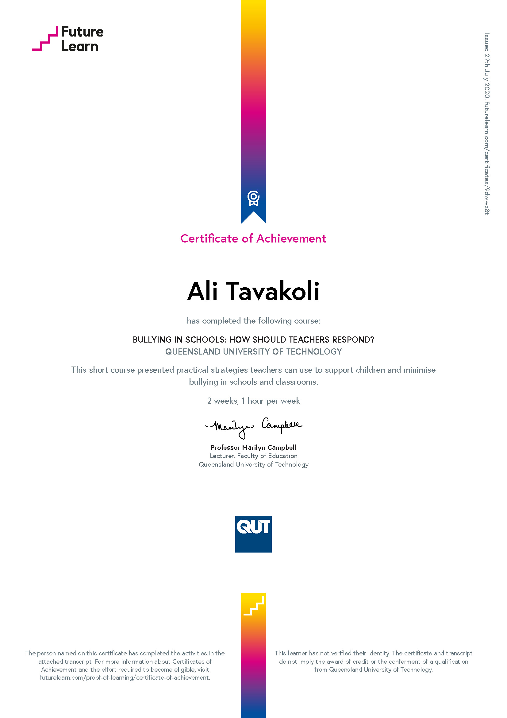 Certificate of Achievement for Bullying in Schools - Ali Tavakoli