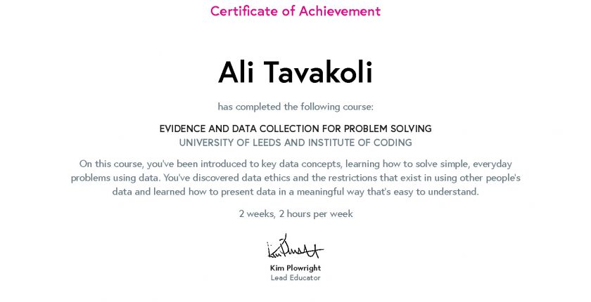 Certificate of Achievement for Evidence and Data Collection for Problem ...