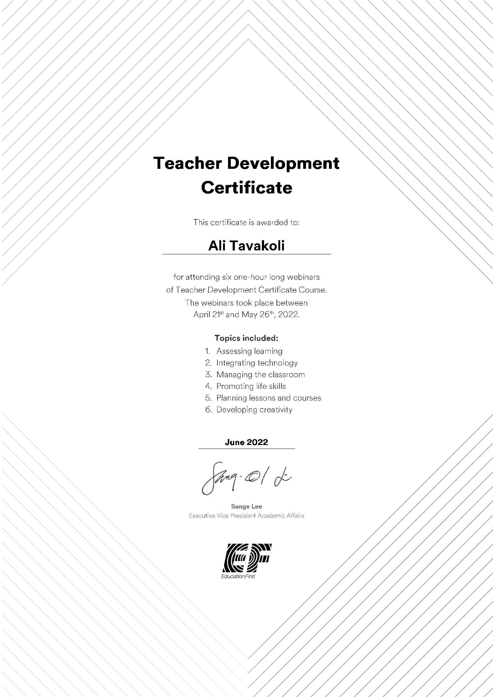 EF Teacher Development Certificate - Ali Tavakoli