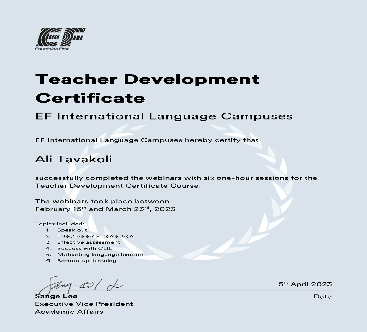 EF TEACHER DEVELOPMENT CERTIFICATE - Ali Tavakoli