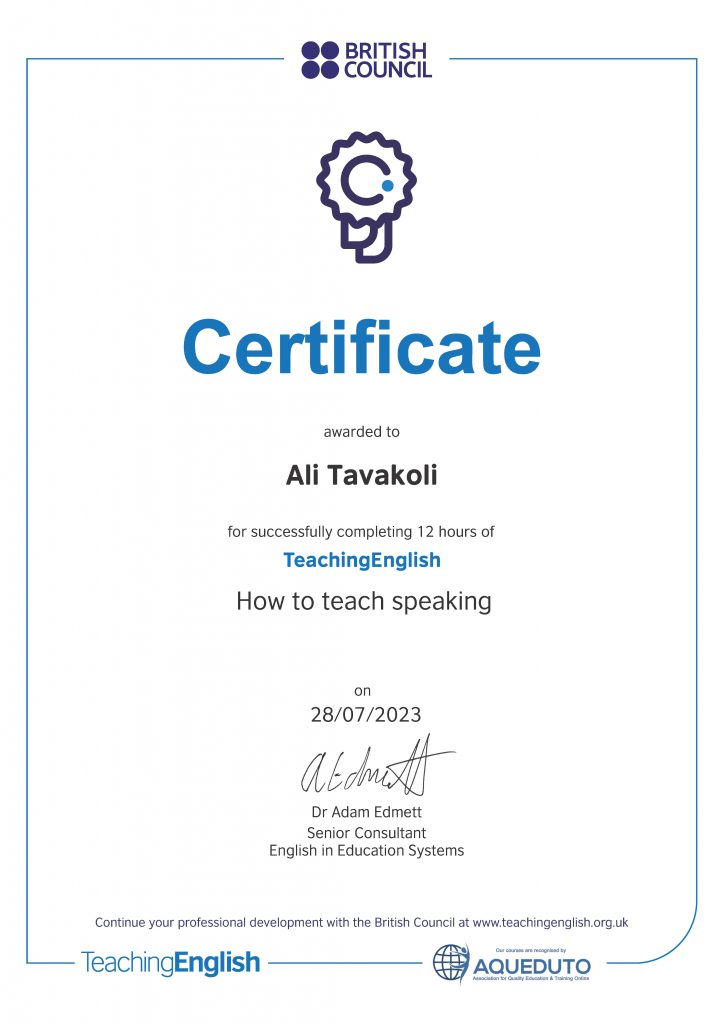 My Certification for “How to teach speaking” - Ali Tavakoli